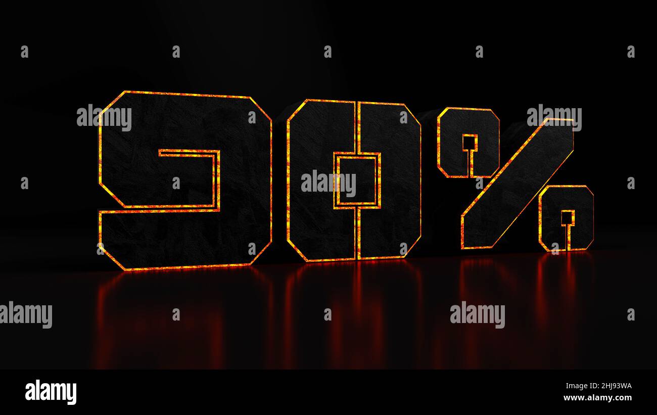 Ninety percent sign on a black background with golden borders and red ...