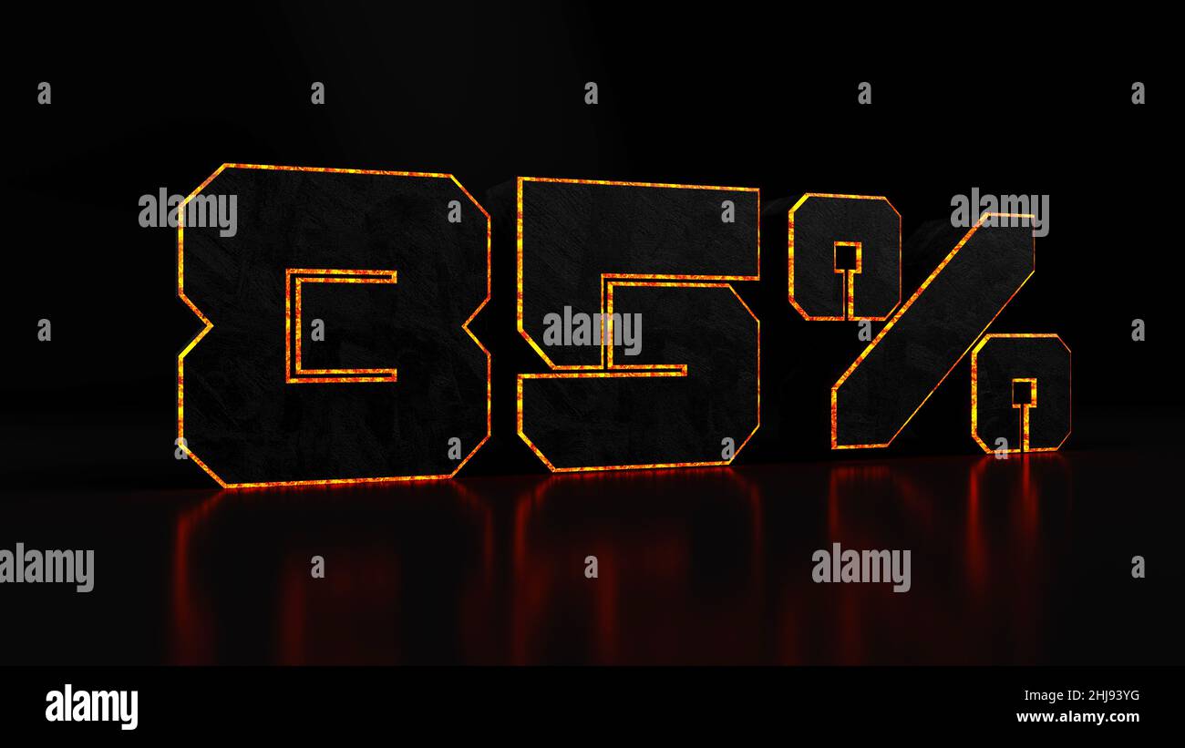 Eighty-five percent sign on a black background with golden borders and ...
