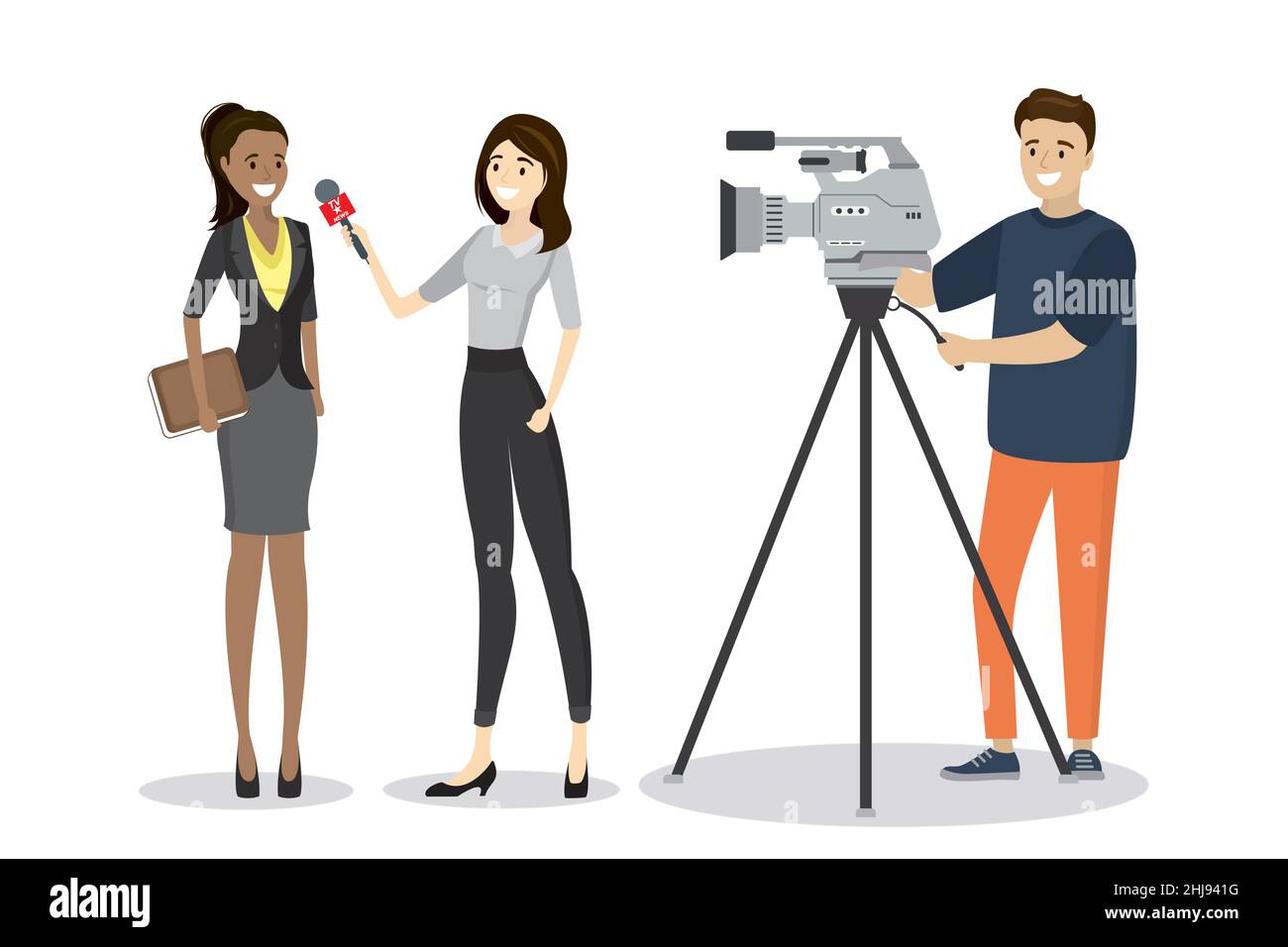 Female television reporter with microphone interviews business woman,flat vector illustration ...