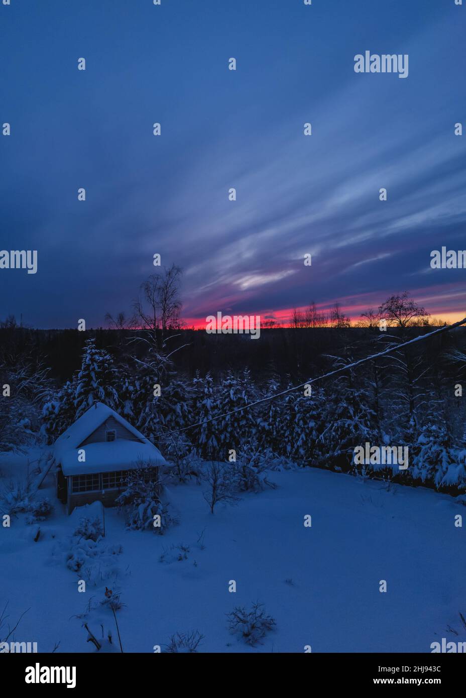 Forest cabin and trees in winter sunset. Wooden hut in the snow. forest ...