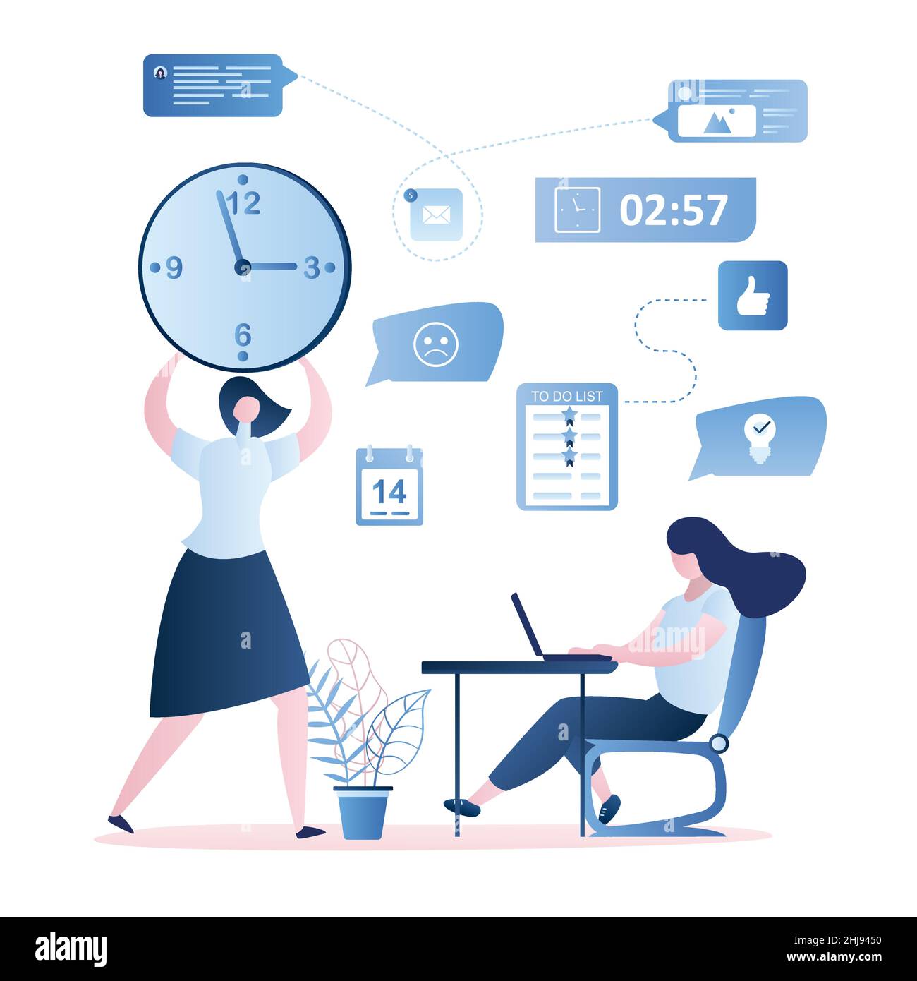 Time management and deadline concept, girl employee on workplace and ...