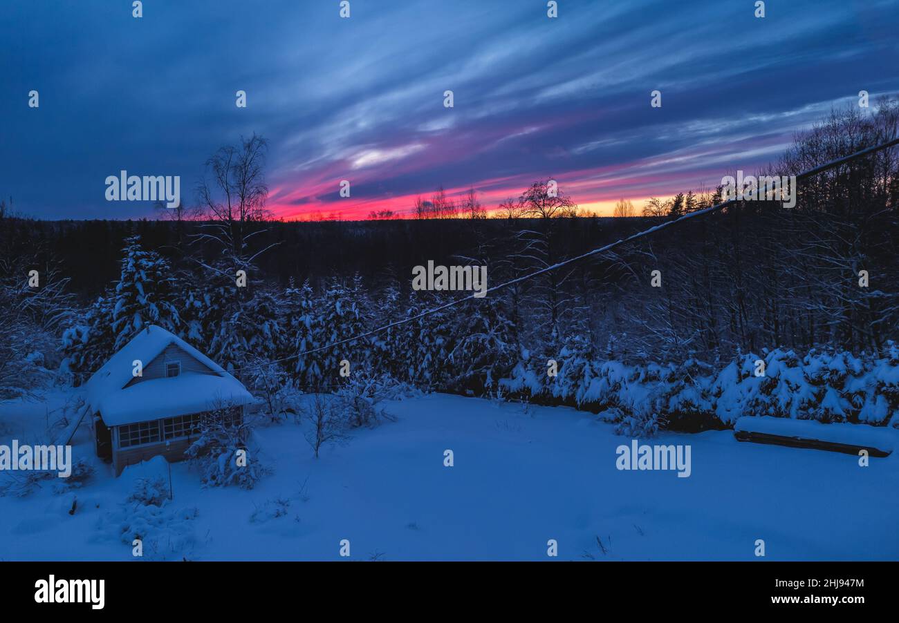 Forest cabin and trees in winter sunset. Wooden hut in the snow. forest ...