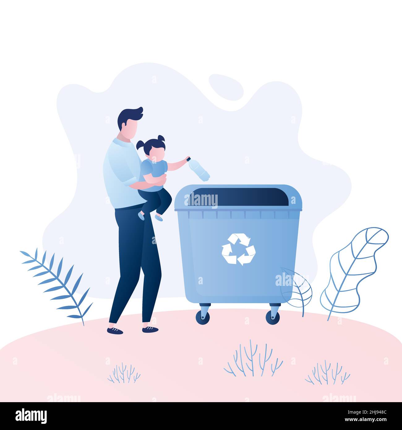 Man with a child throw garbage in the trash can.Recycling concept ...