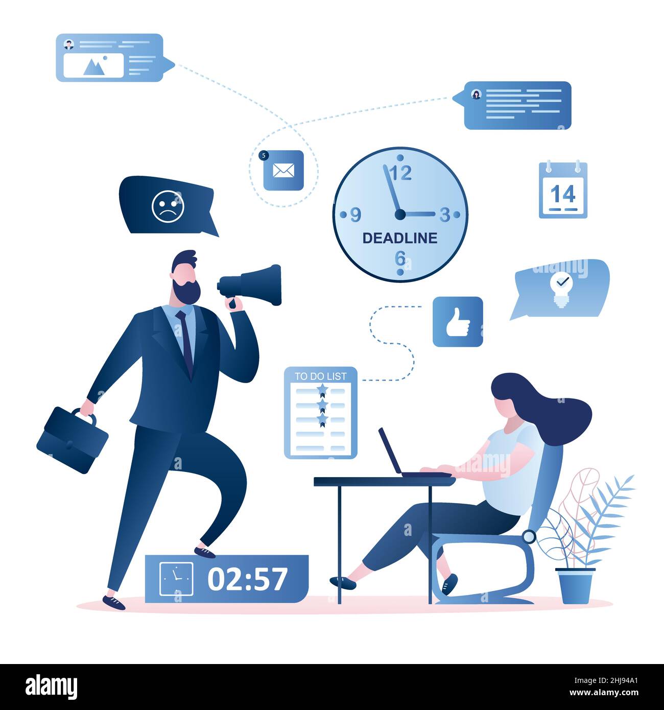 Time management and deadline concept. Big watch, woman employee on ...