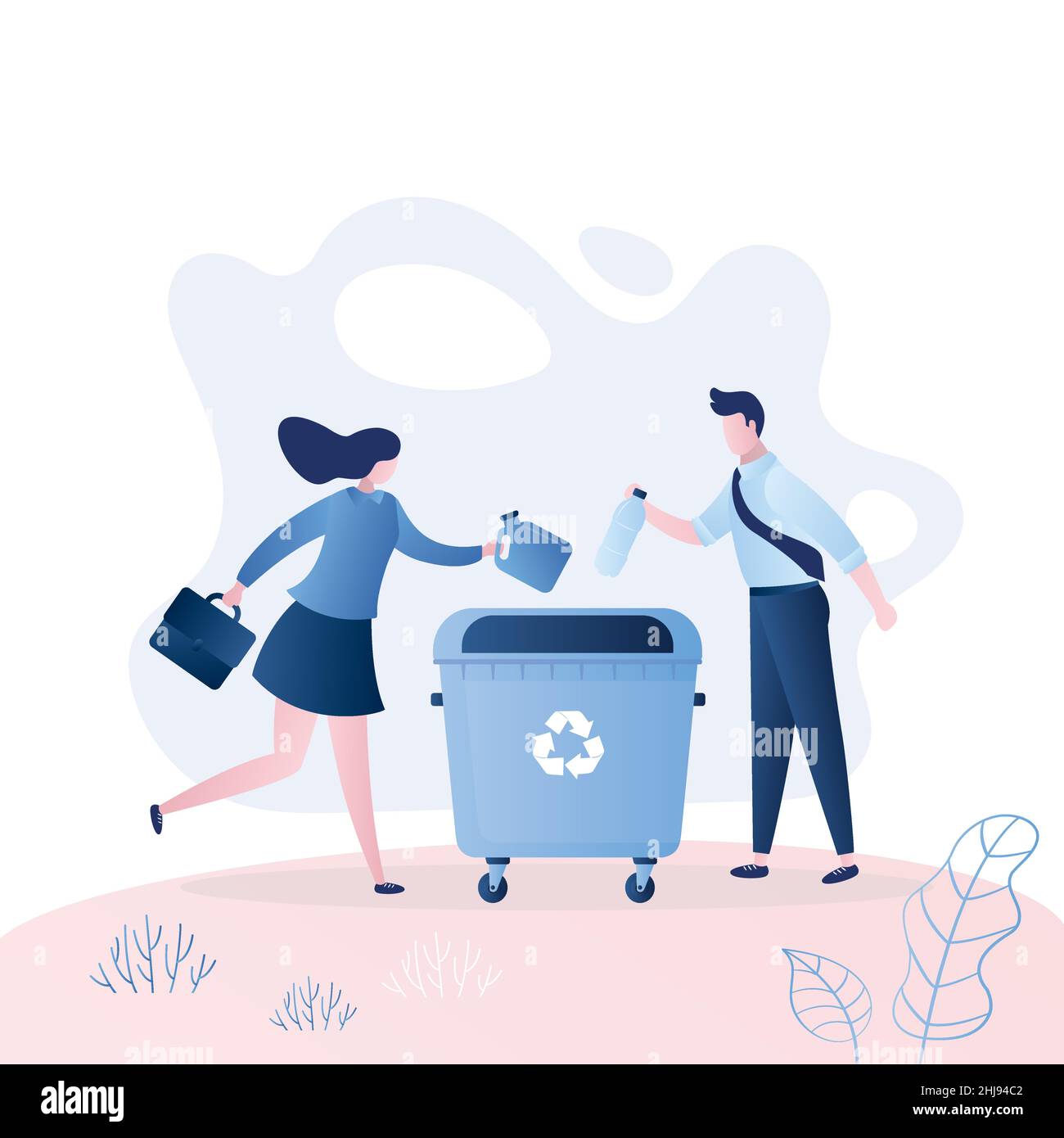 People throw garbage in a large trash can. Recycling and ecological ...