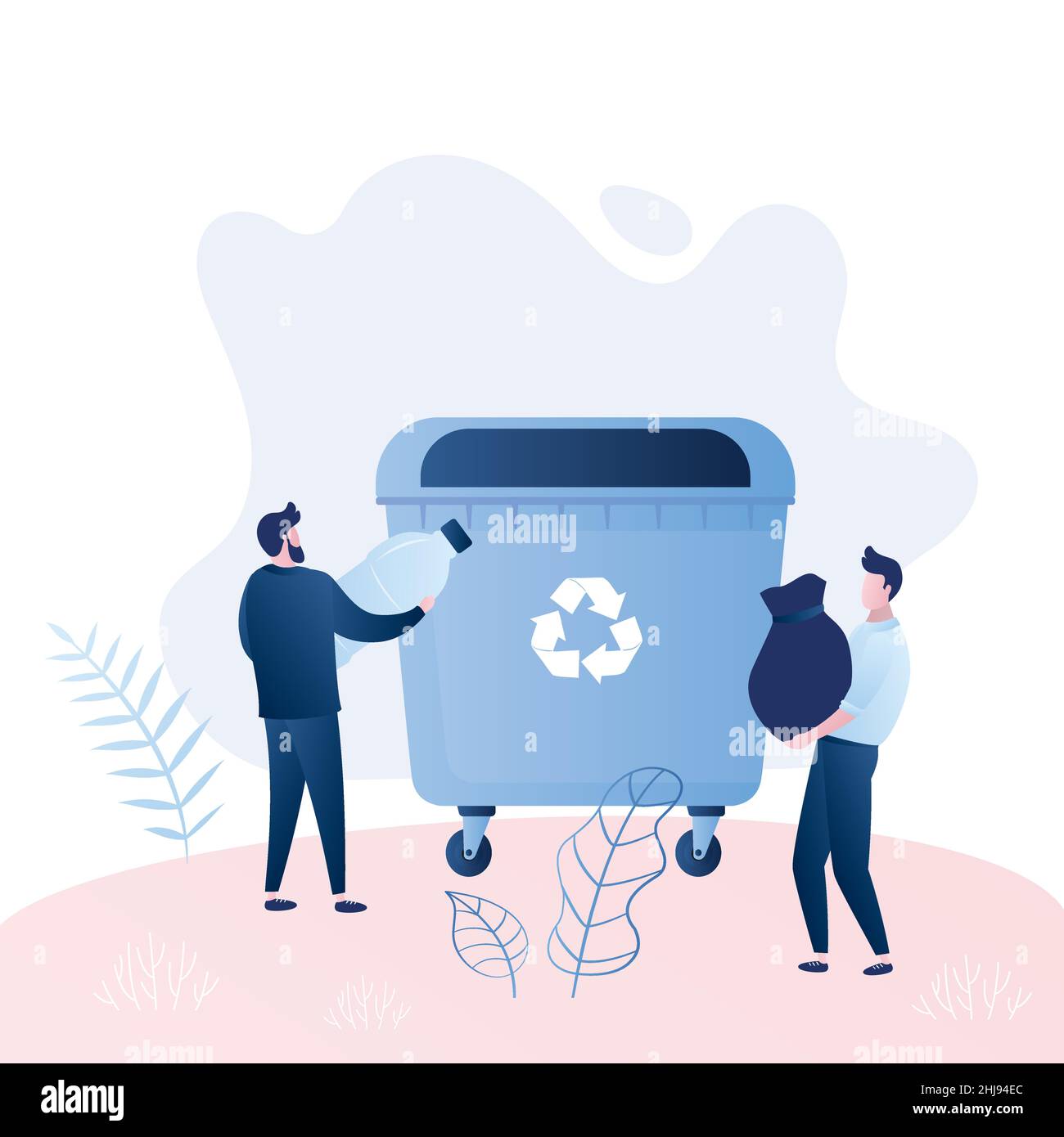 Male characters throwing garbage in the big trash can. Recycling and ...