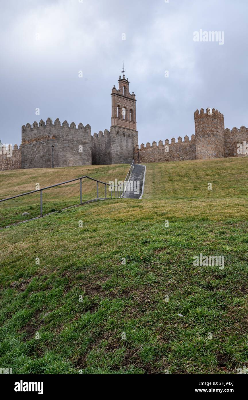 City wall of Avila in Castilla y Leon, Spain. Wall from the end of the ...