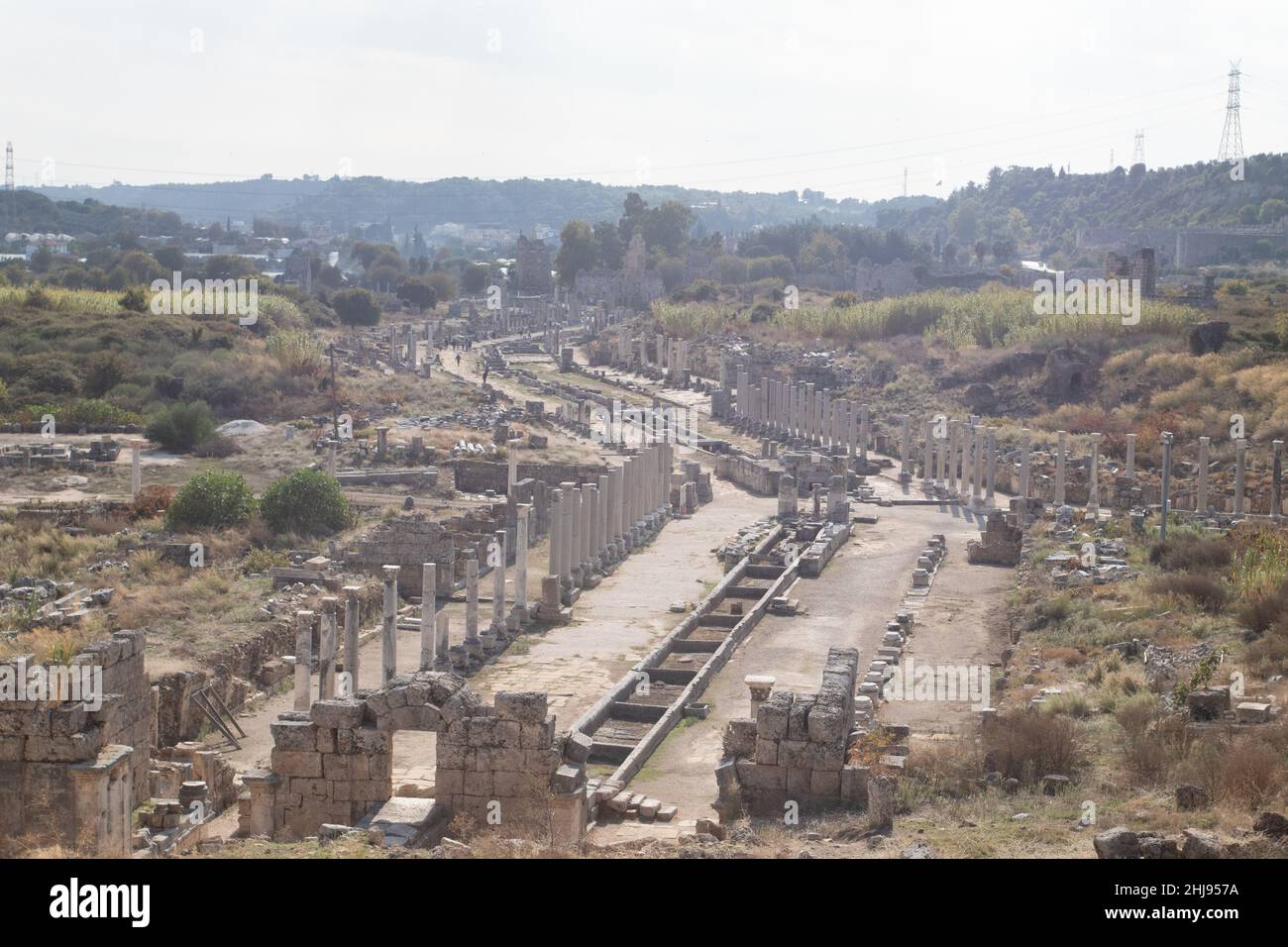 View of the ancient city of Perge. Remnants of ancient Roman ...