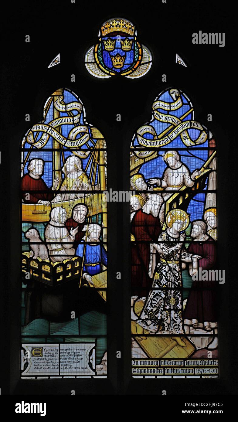 A stained glass window by Ninian Comper depicting King Edmund arriving ...