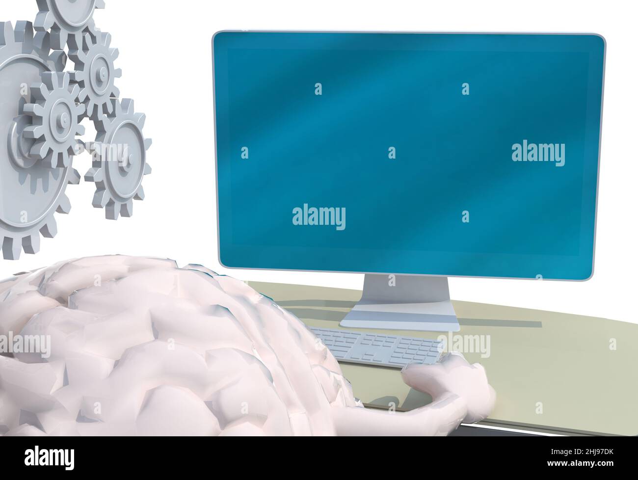 human brain with arms and legs on the desk in front of the computer, 3d ...