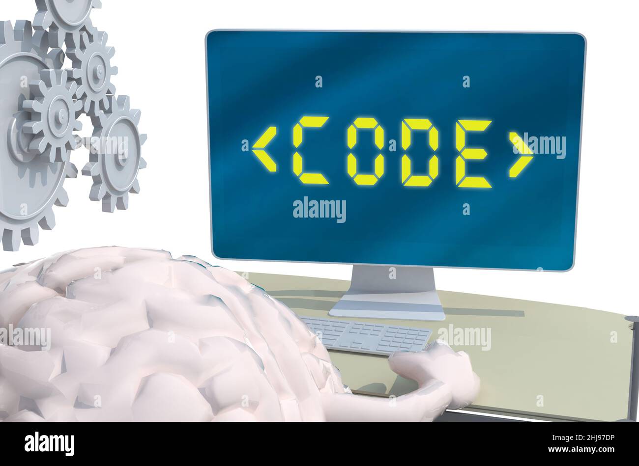 human brain with arms and legs on the desk in front of the computer, 3d ...