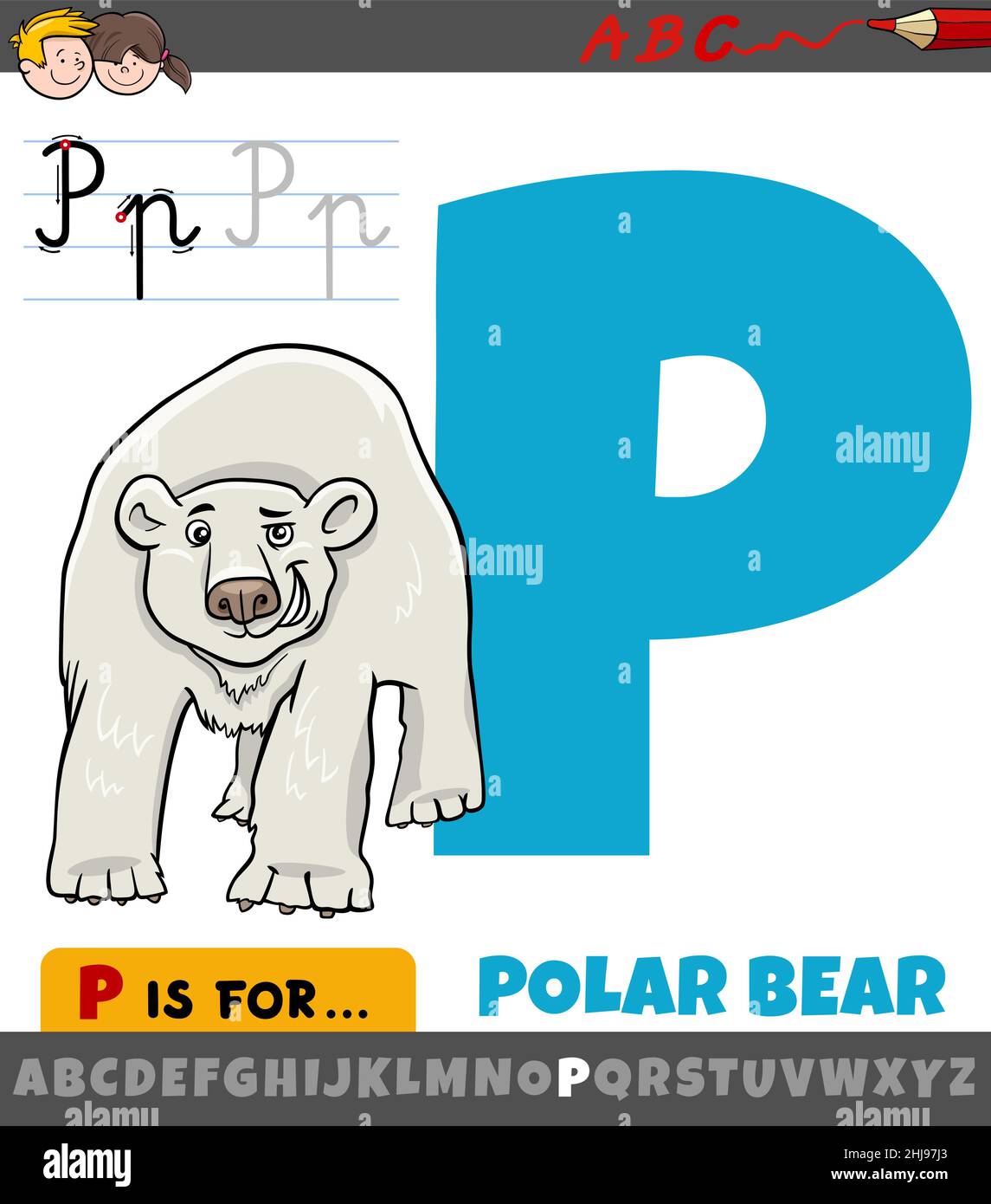 Educational cartoon illustration of letter P from alphabet with polar ...