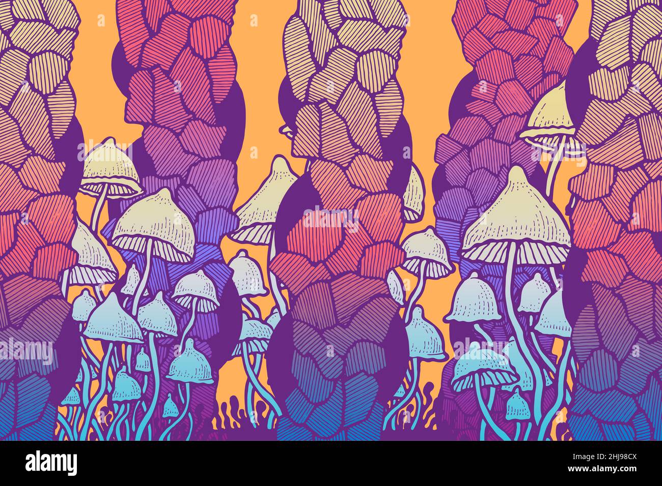 Hand-drawn abstract background with Psilocybin hallucinogenic magic ...