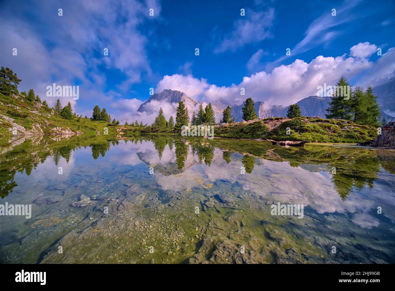 View across the Lake Limedes, Lago di Limides, the summit of Lagazuoi ...