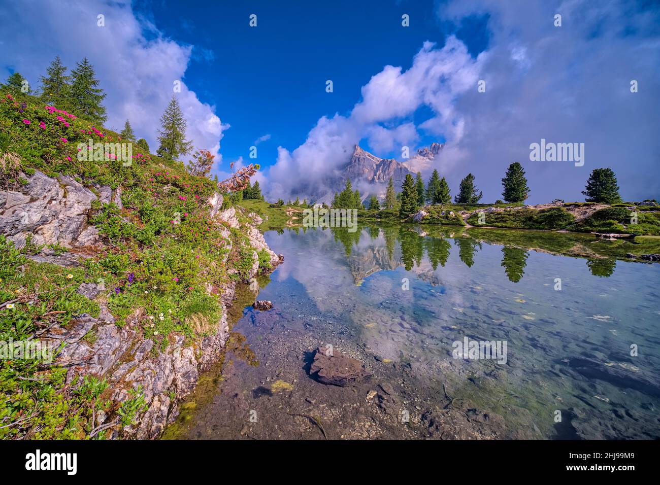 View across the Lake Limedes, Lago di Limides, the summit of Lagazuoi ...