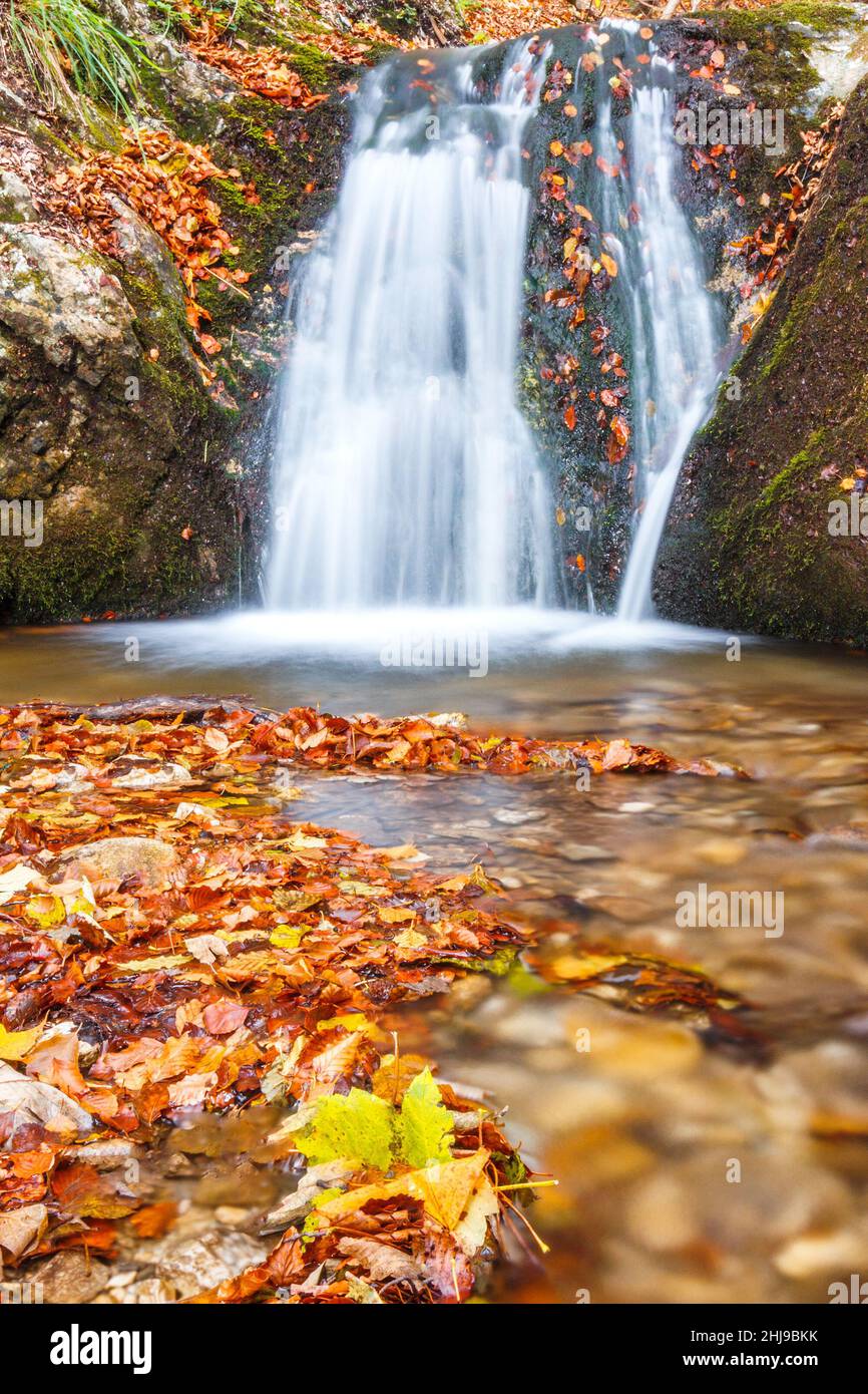 Waterfall on a stream in autumn forest, national park Mala Fatra ...