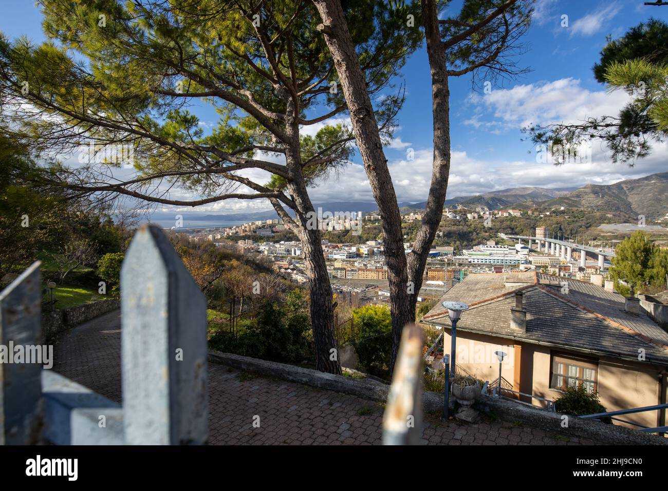 Italy, Genoa - from the top of the city, view to the west and of the ...