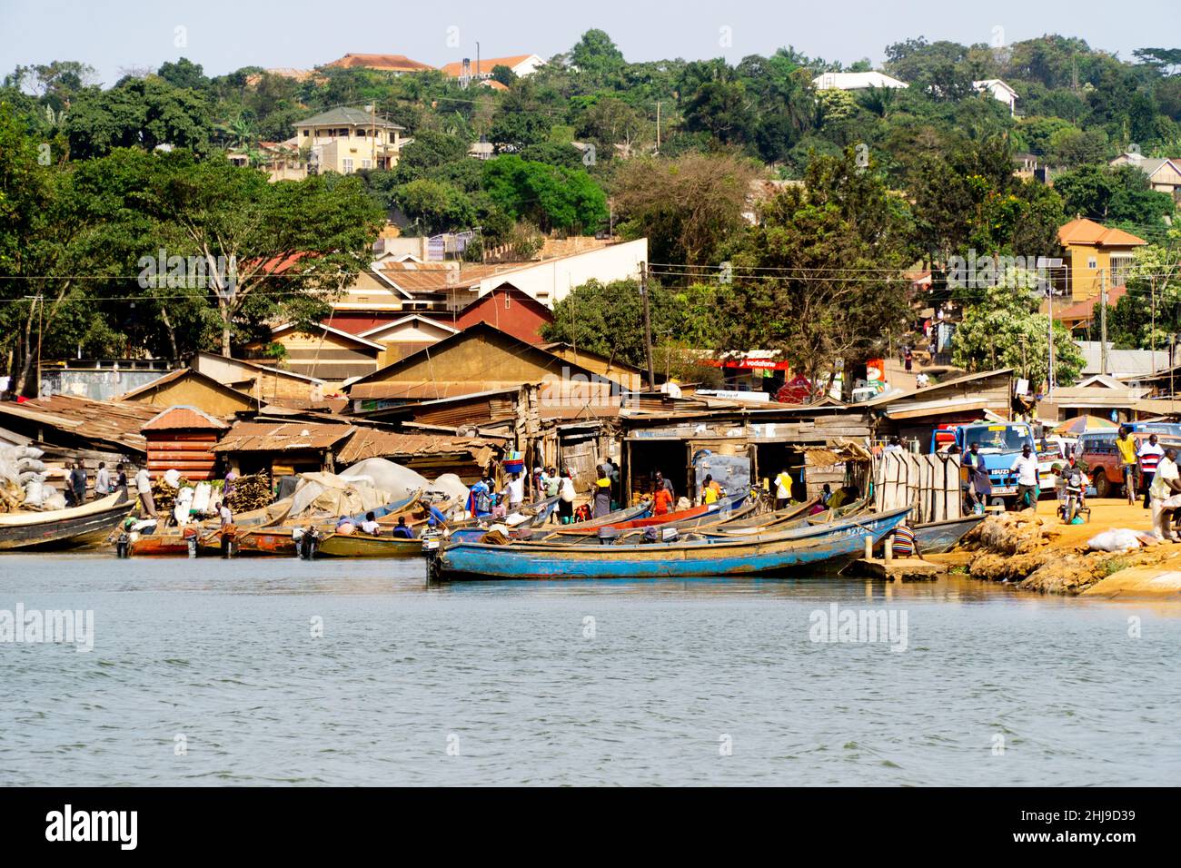 Lake Victoria is one of the African Great Lakes. Fishermen in Entebbe ...