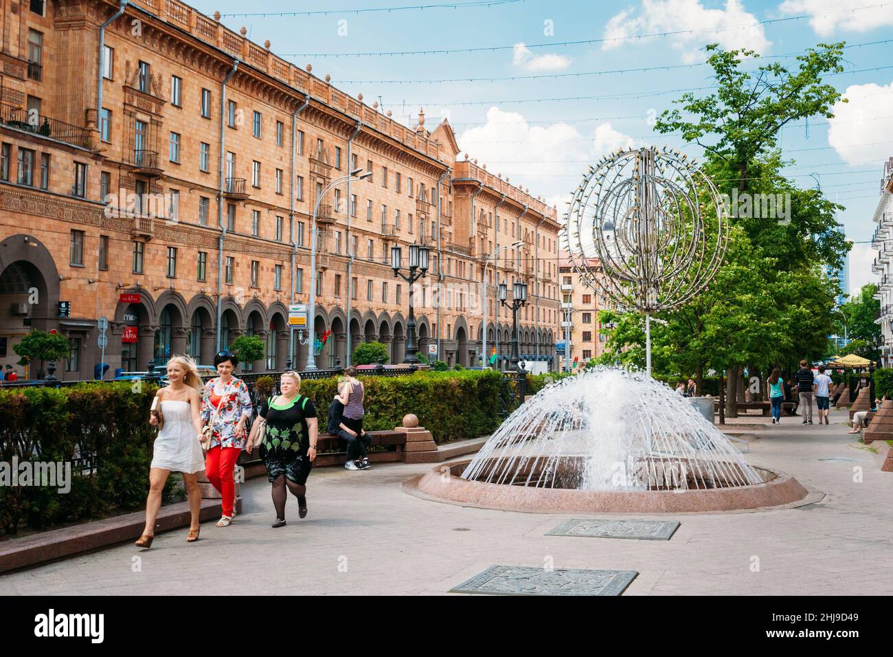 People walking on Lenin Street in summer in Minsk, Belarus Stock Photo ...