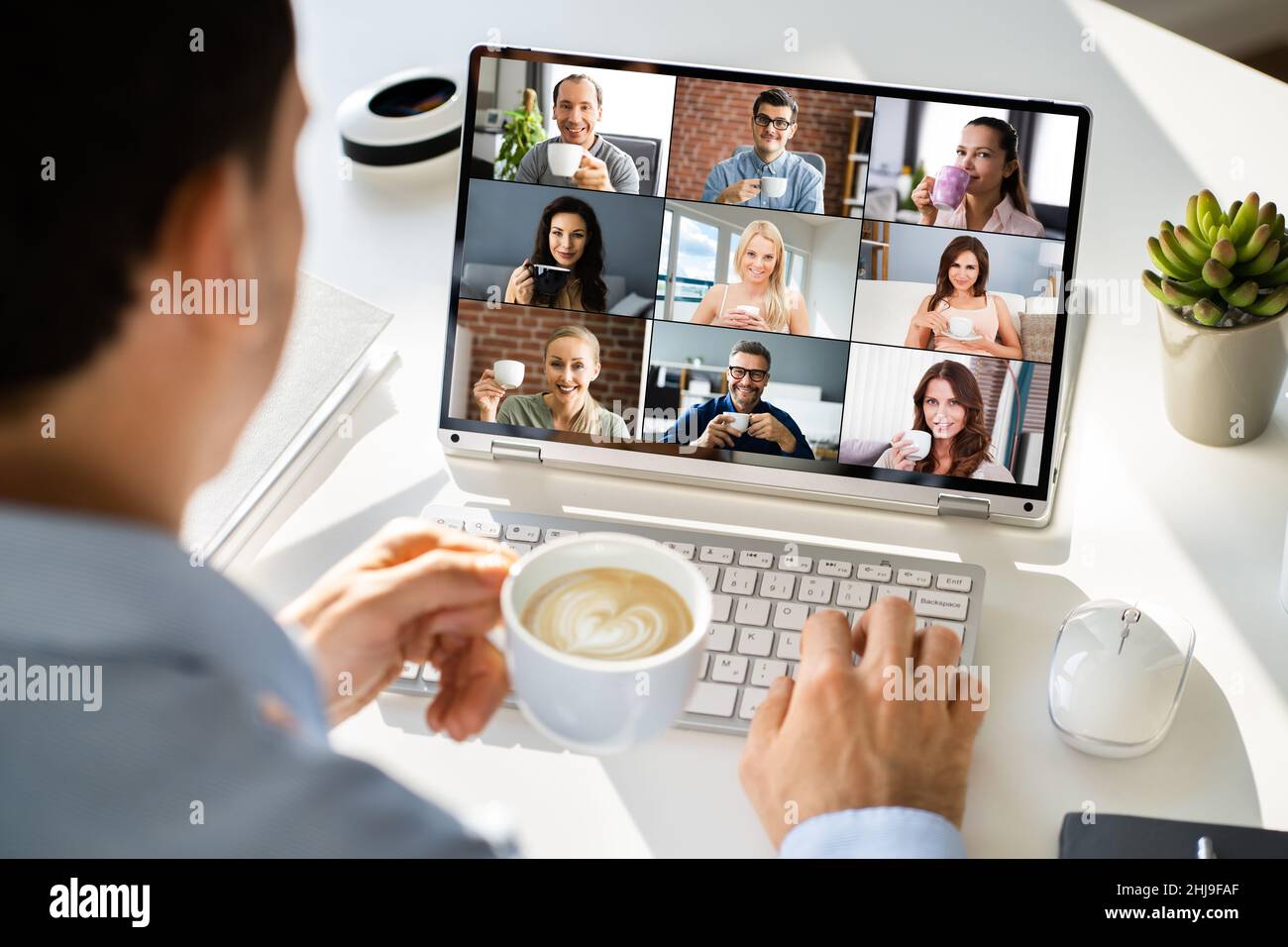 Virtual Video Conference Call Coffee Drinking Break Stock Photo - Alamy