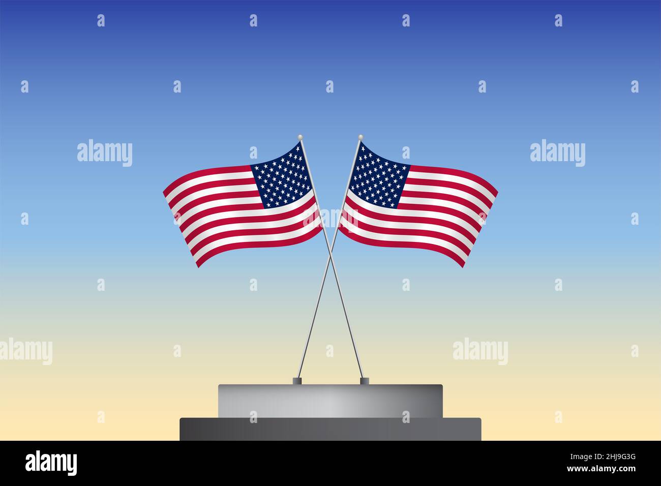 Two USA flags crossed on a pedestal with a sunset background ...