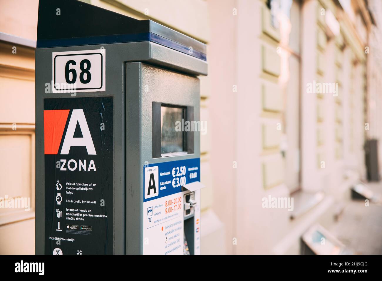 Riga, Latvia. Parking Machine Near Parking On Street In Zone A. Machine ...