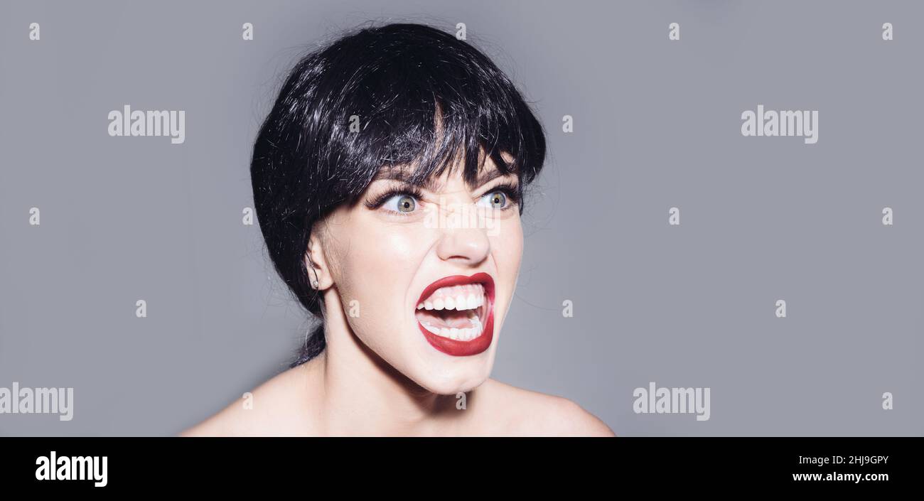 Mouth speech, woman screaming. Pretty girl shouting banner. Human ...