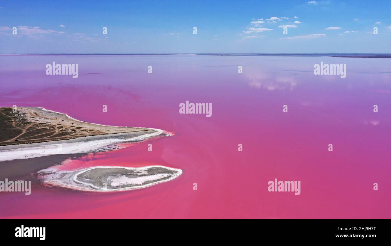 Aerial view of White salt on the shores of the island in Pink Island ...