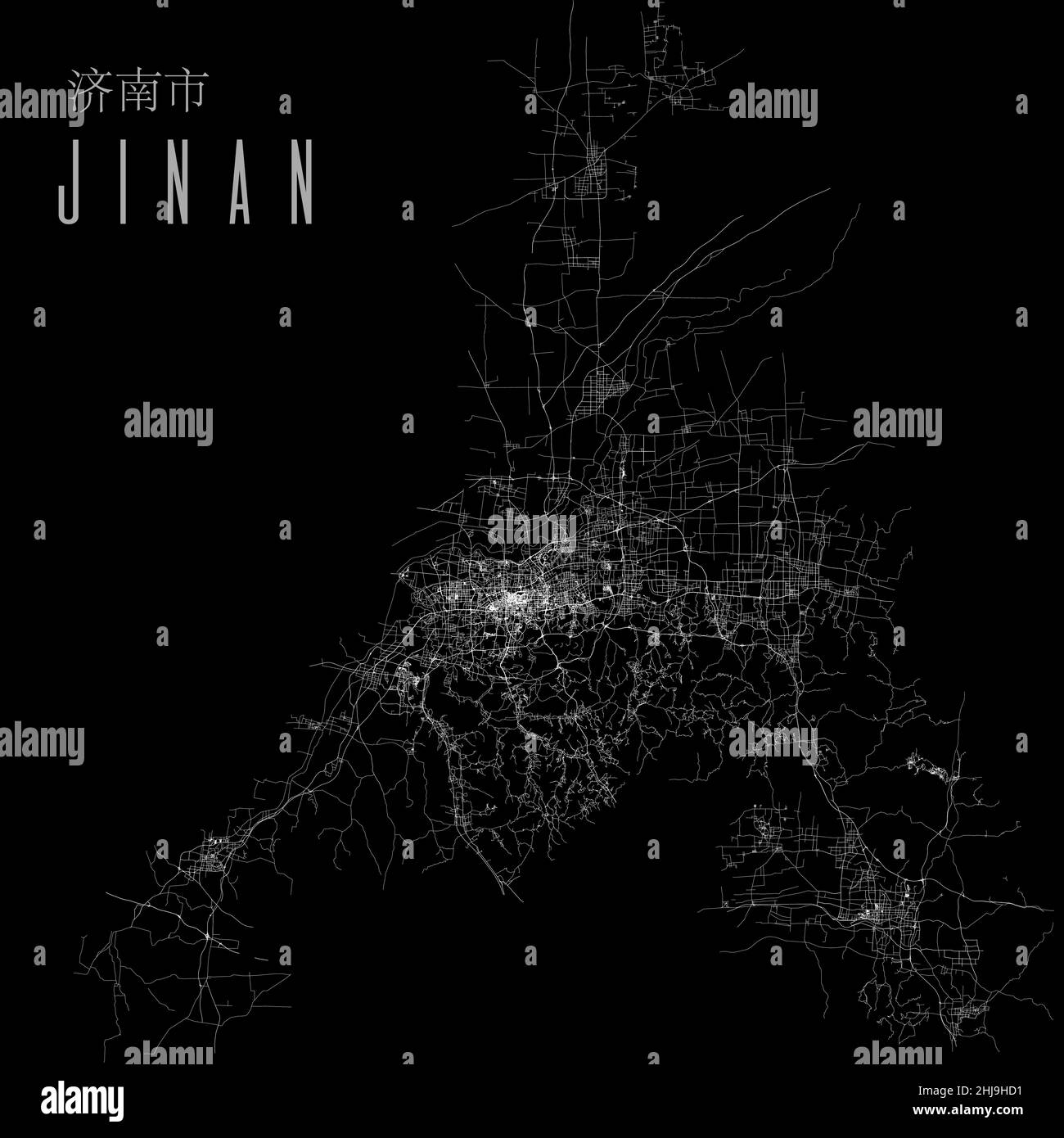 Jinan city province vector map poster. China municipality square linear road map, administrative ...