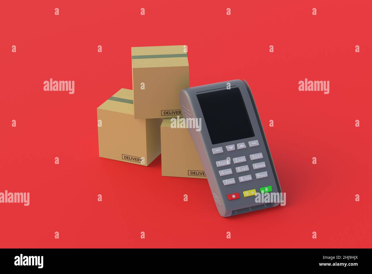 Compact cash register with a plastic card near cardboard boxes ...