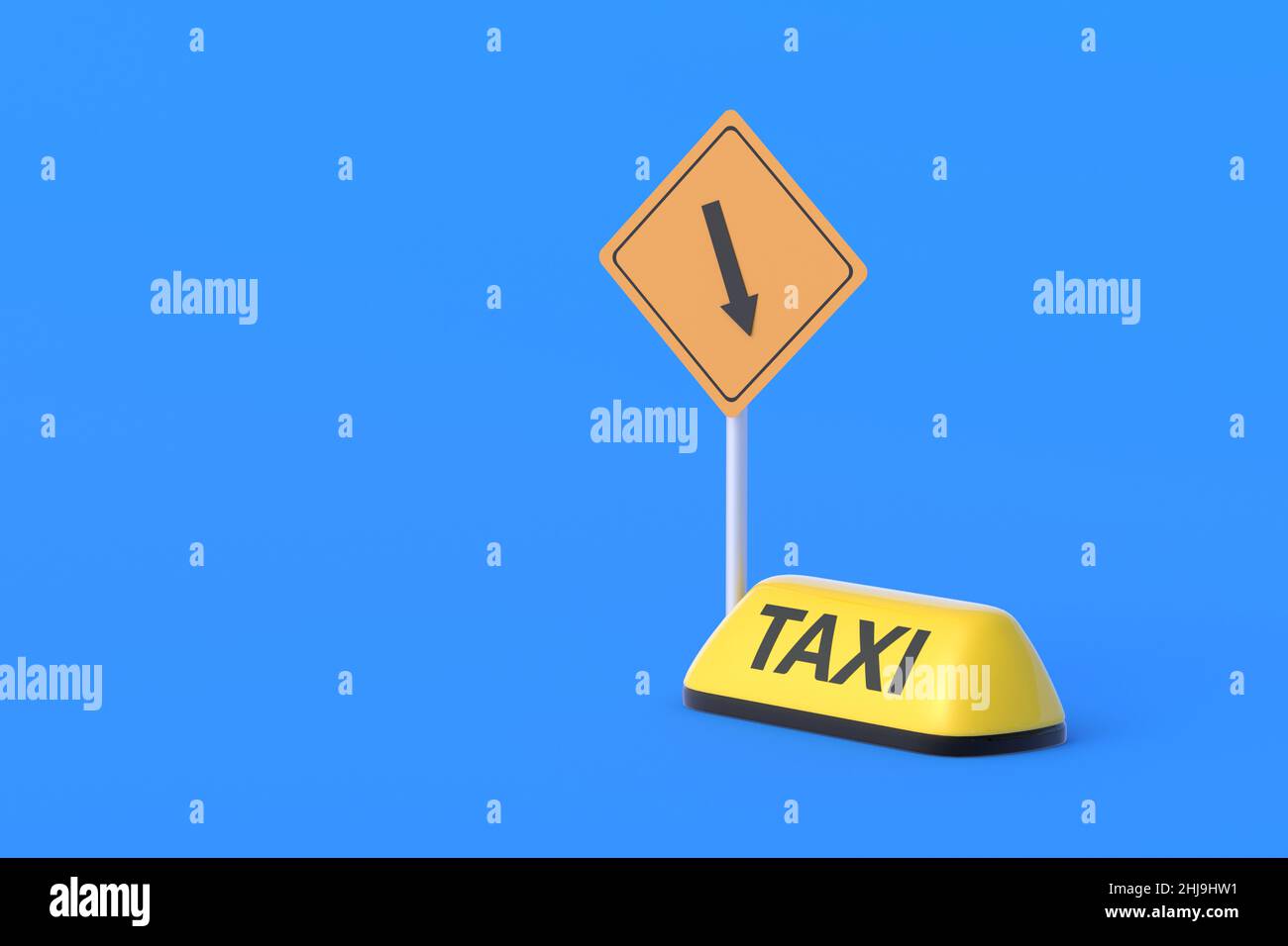Yellow symbol of taxi near sign with arrow. Place of stopping of city ...