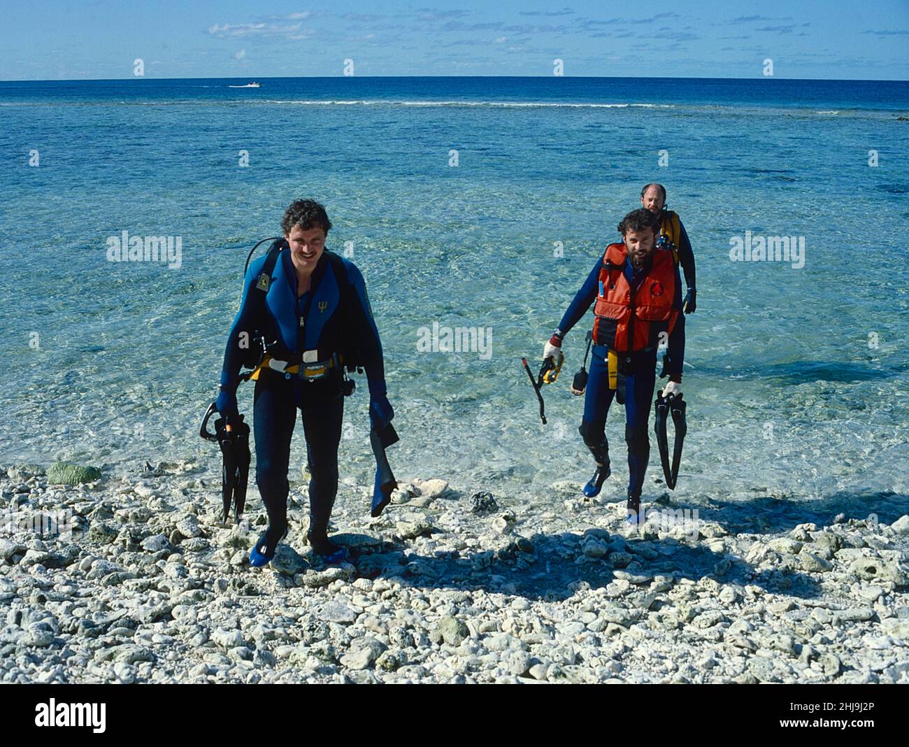 The image is of scuba divers emerging from the shallows of the Great ...