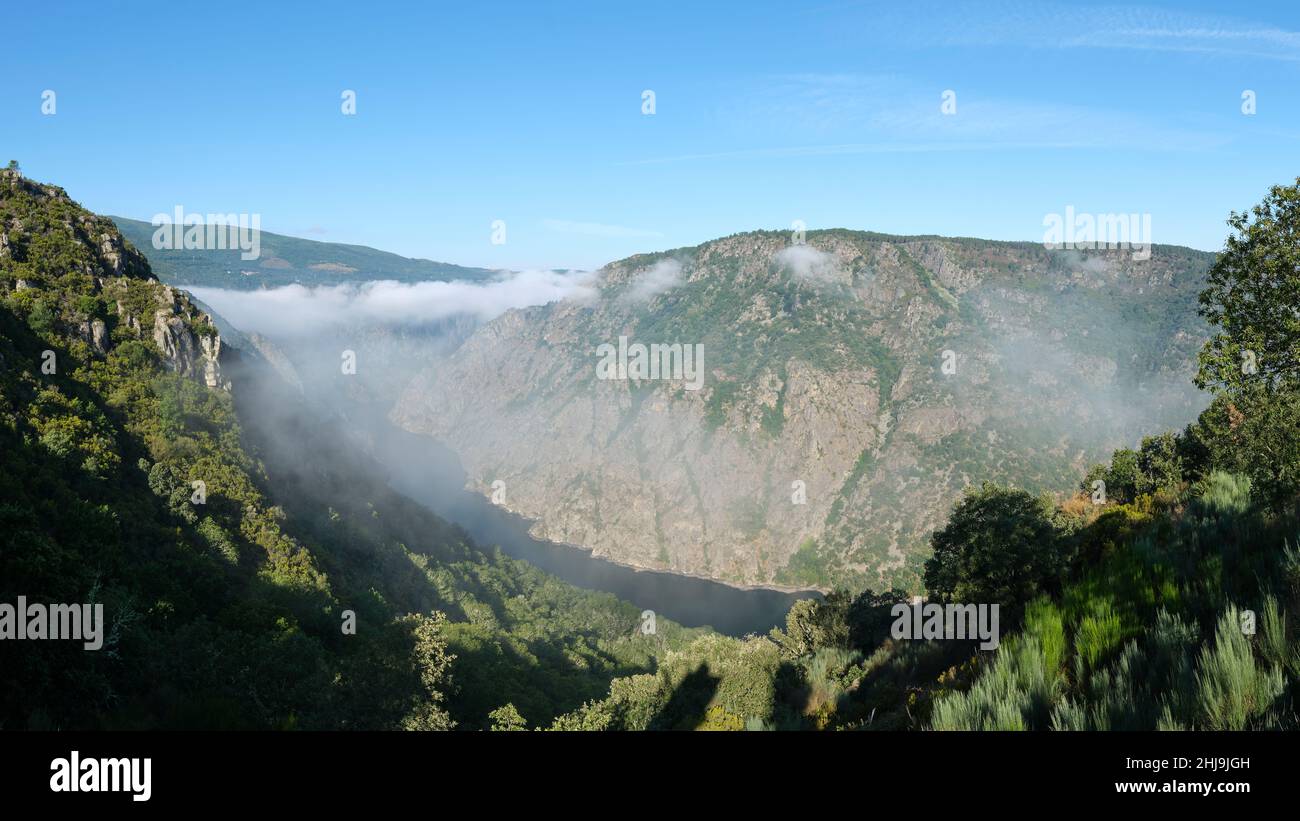 Panoramic view of the Sil Canyon in Ribeira Sacra with fog Stock Photo ...