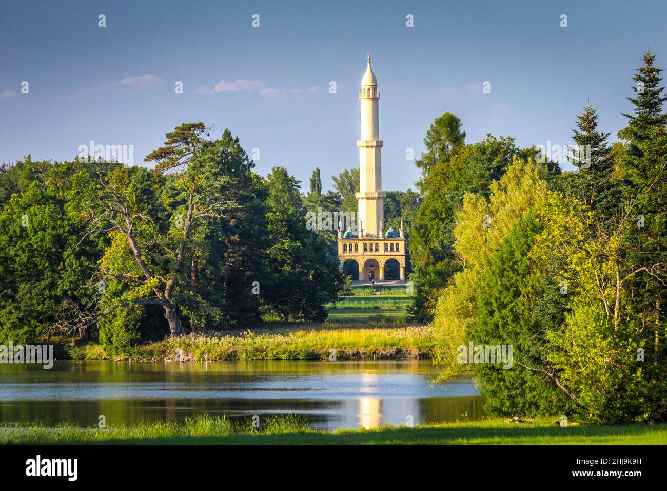 View of landscape with Minaret near Lednice castle, Czech Republic ...