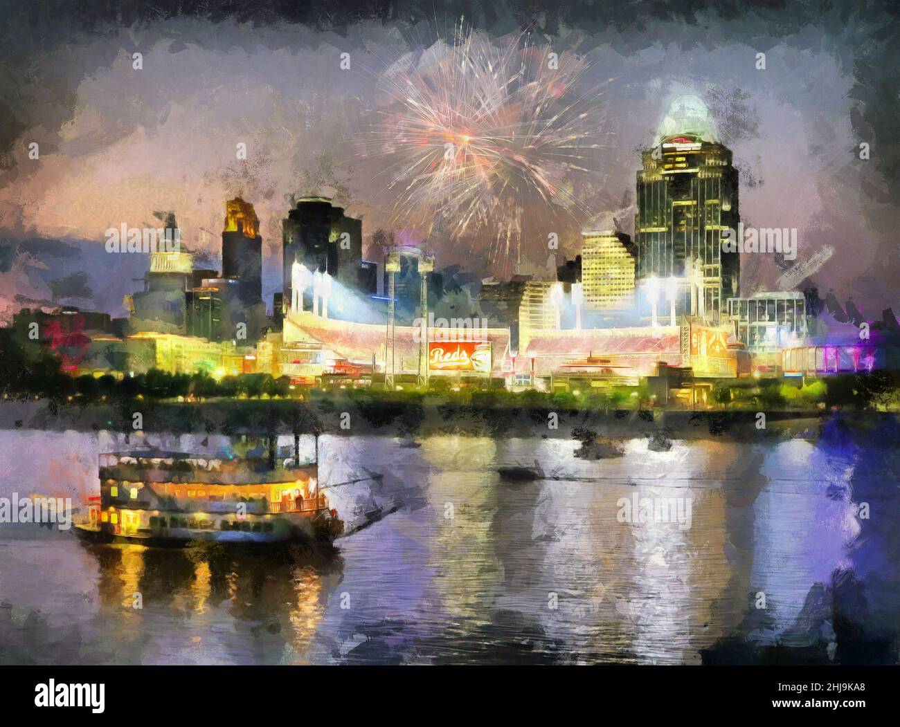 Cincinnati skyline and Cincinnati Reds baseball stadium, with fireworks ...