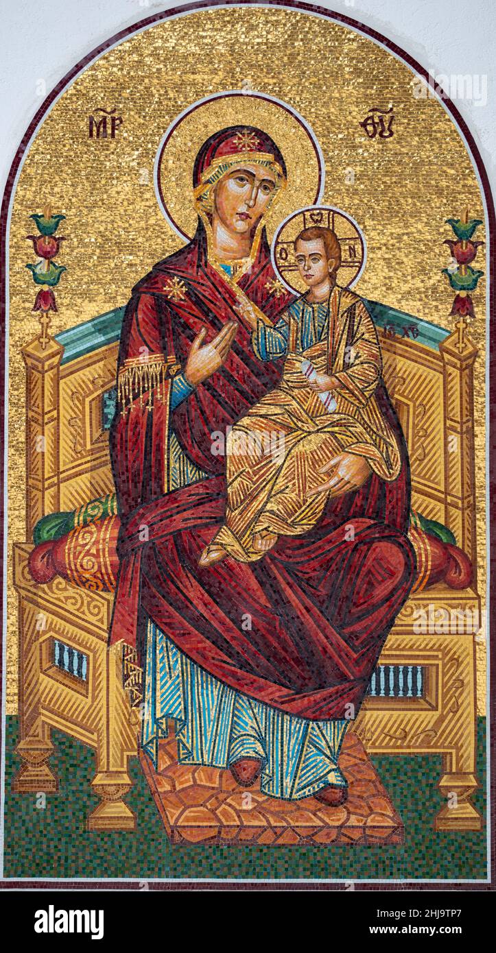 Mosaic portrait of Virgin Mary and Jesus Christ in the Sihla Monastery ...