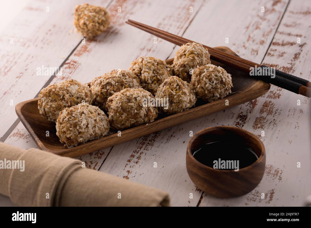 Photo shows Japanese dessert Mochi. Round shaped sweets are composed of ...