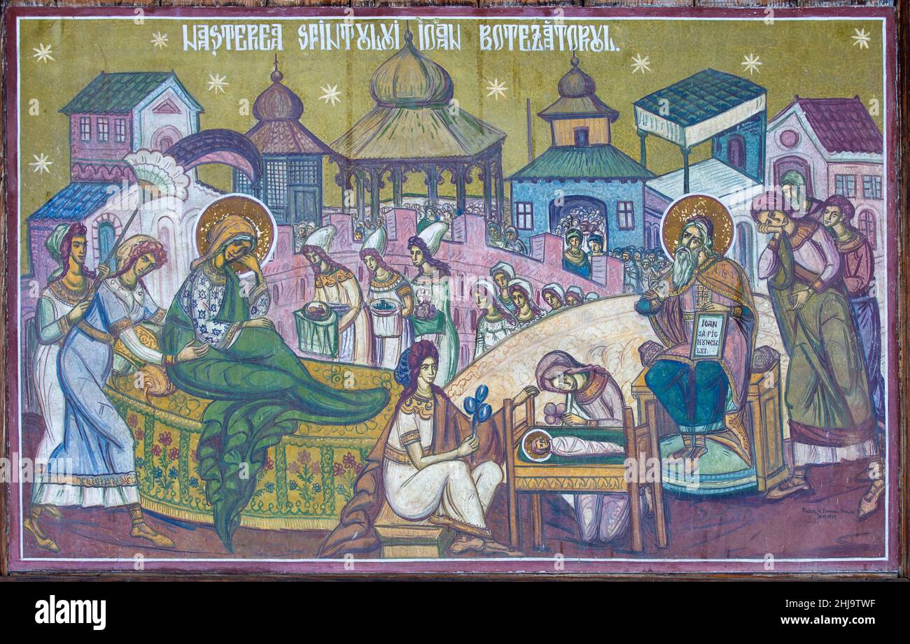Painting of the birth of Saint John the Baptist on the wall of the ...
