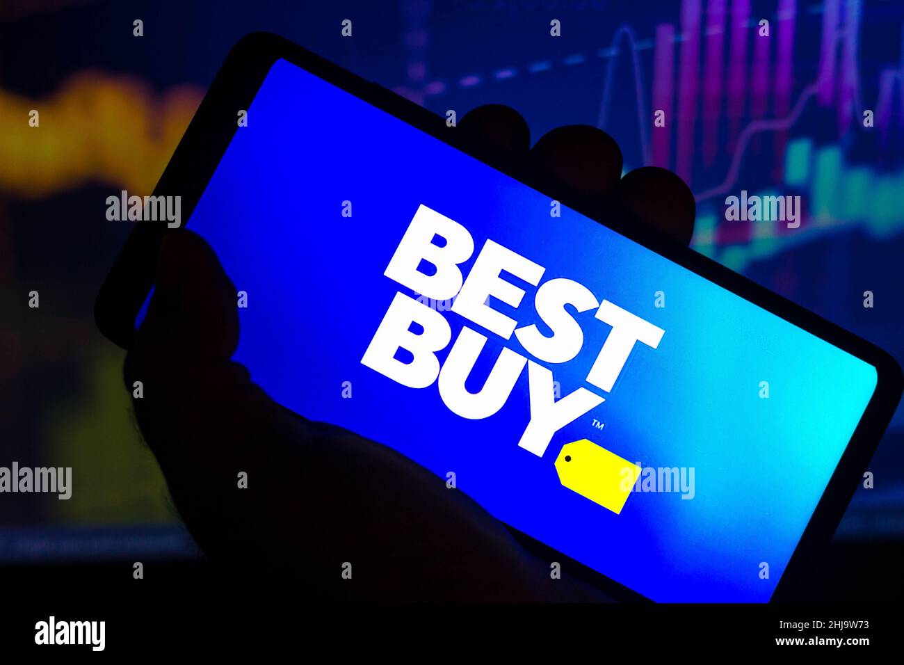 In this photo illustration, a Best Buy logo seen displayed on a ...