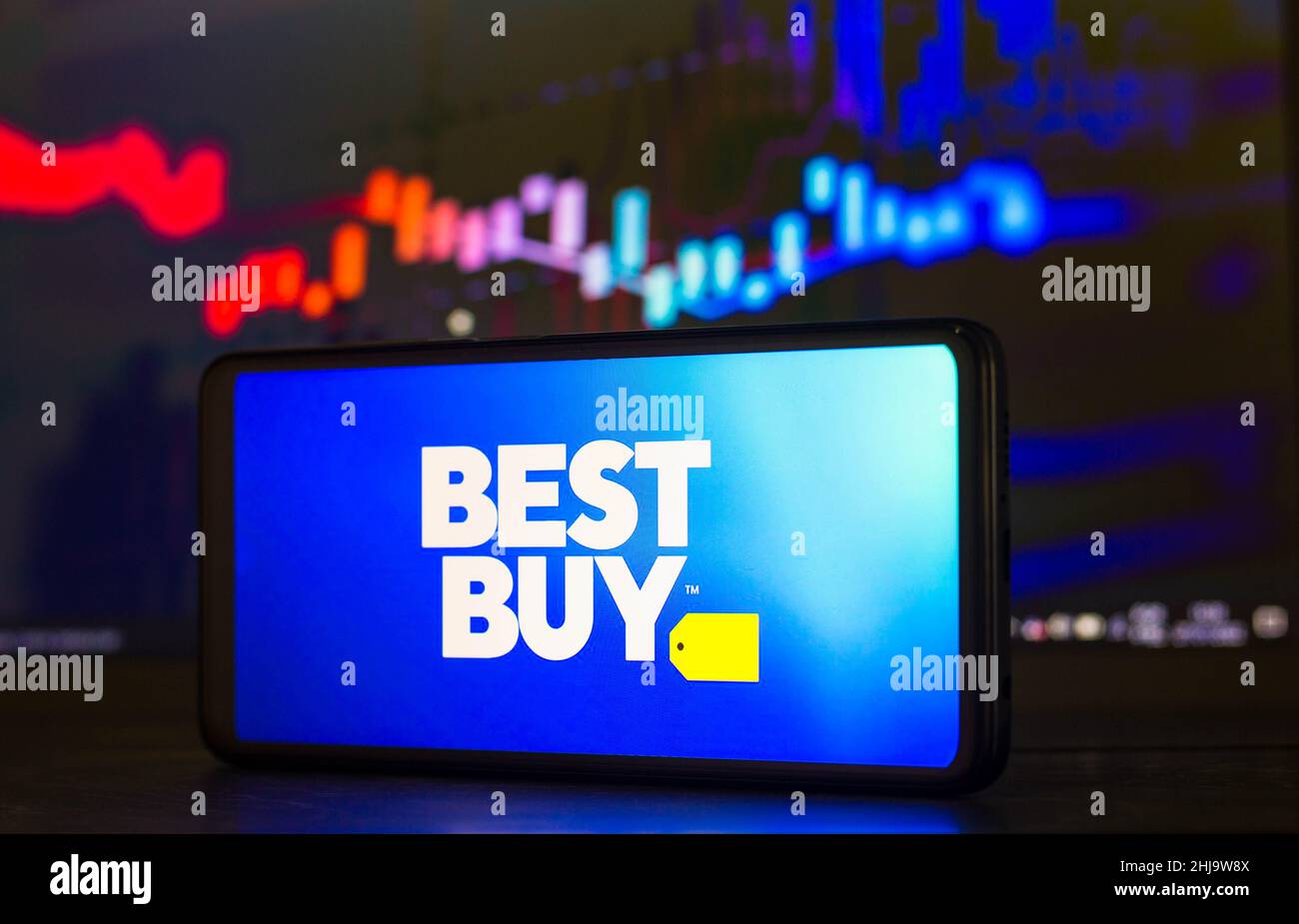 In this photo illustration, a Best Buy logo seen displayed on a ...