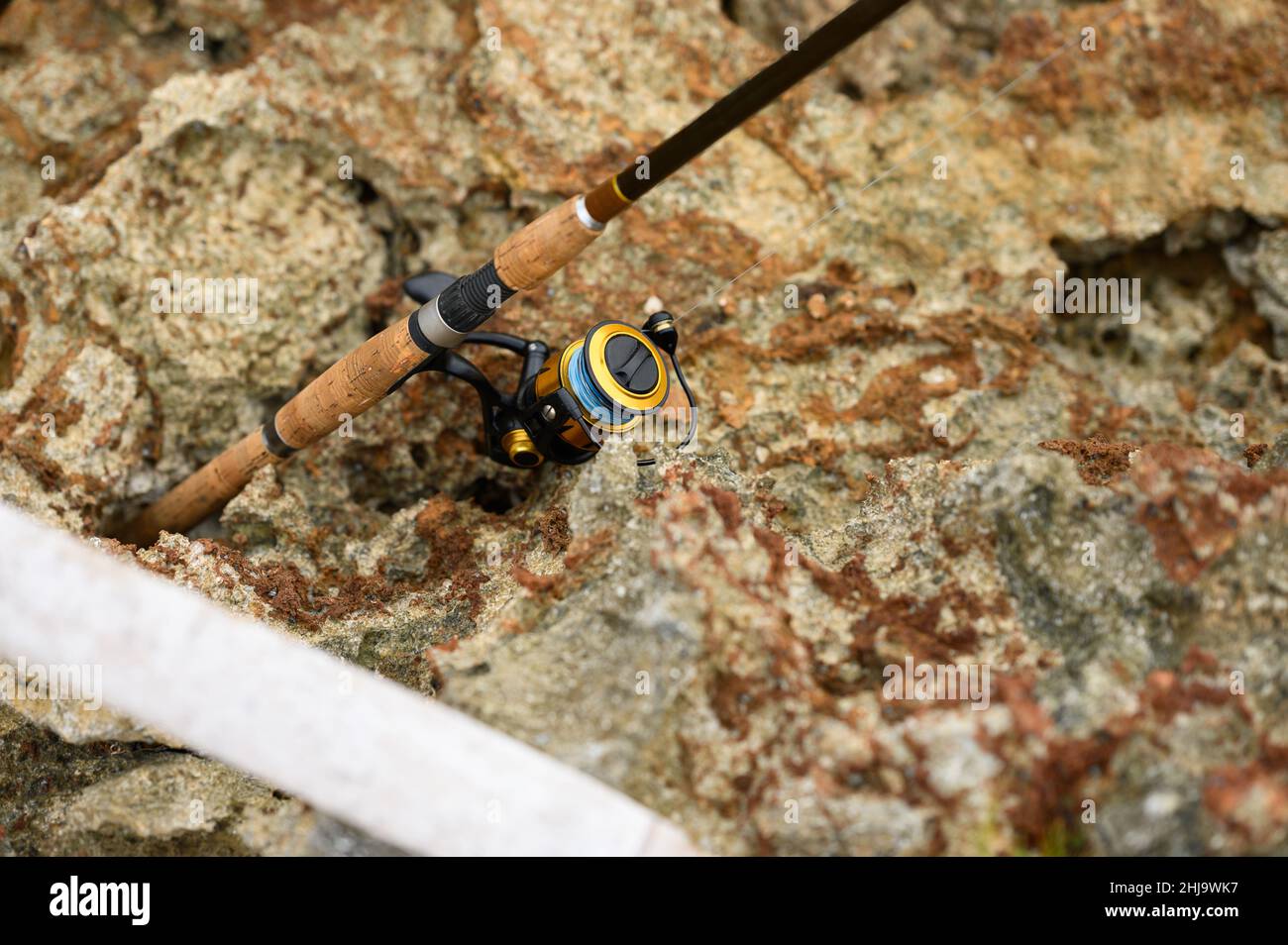 The photo shows a fishing spinning rod for ocean fishing. The reel of a ...