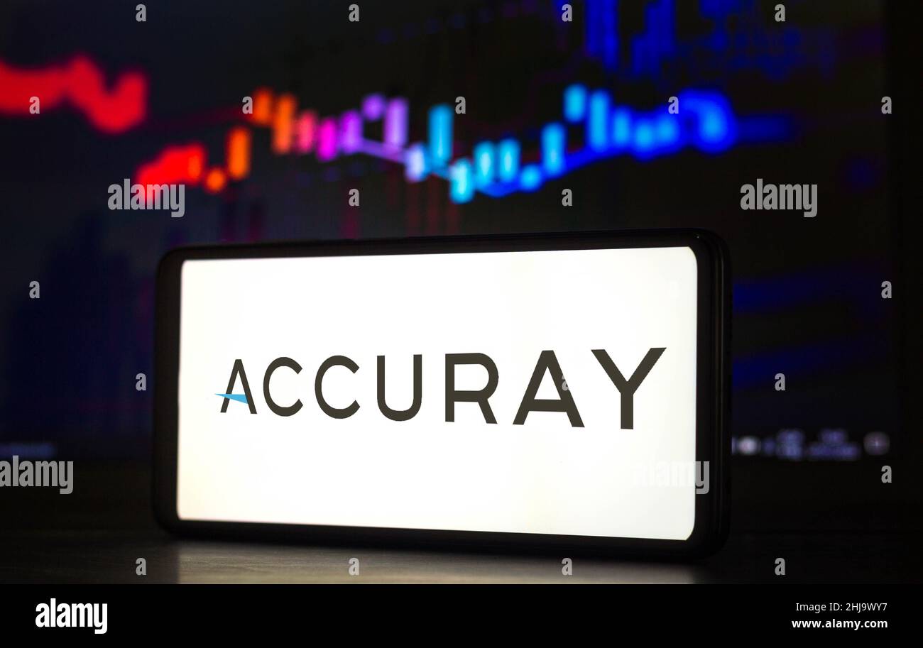 In this photo illustration, an Accuray Incorporated logo seen displayed on a smartphone screen ...