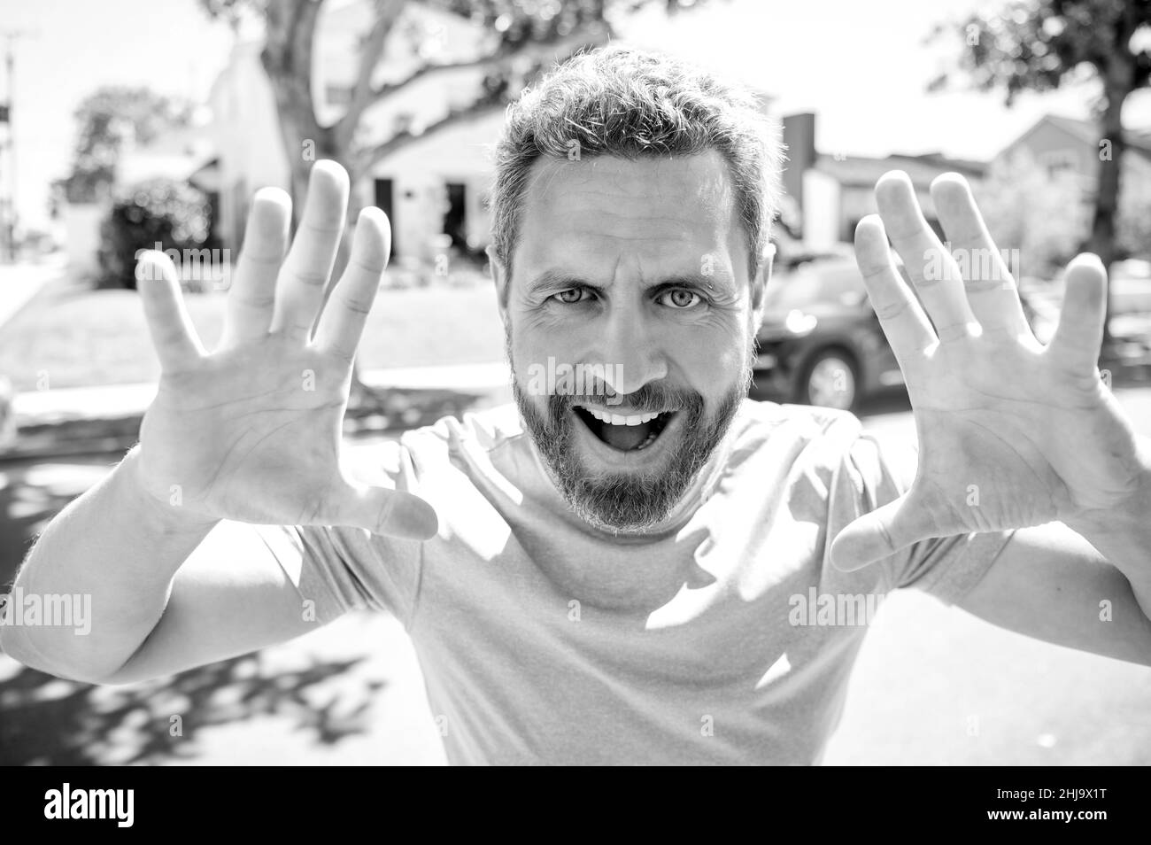 happy man outdoor. express positive emotions. smiling man with beard ...