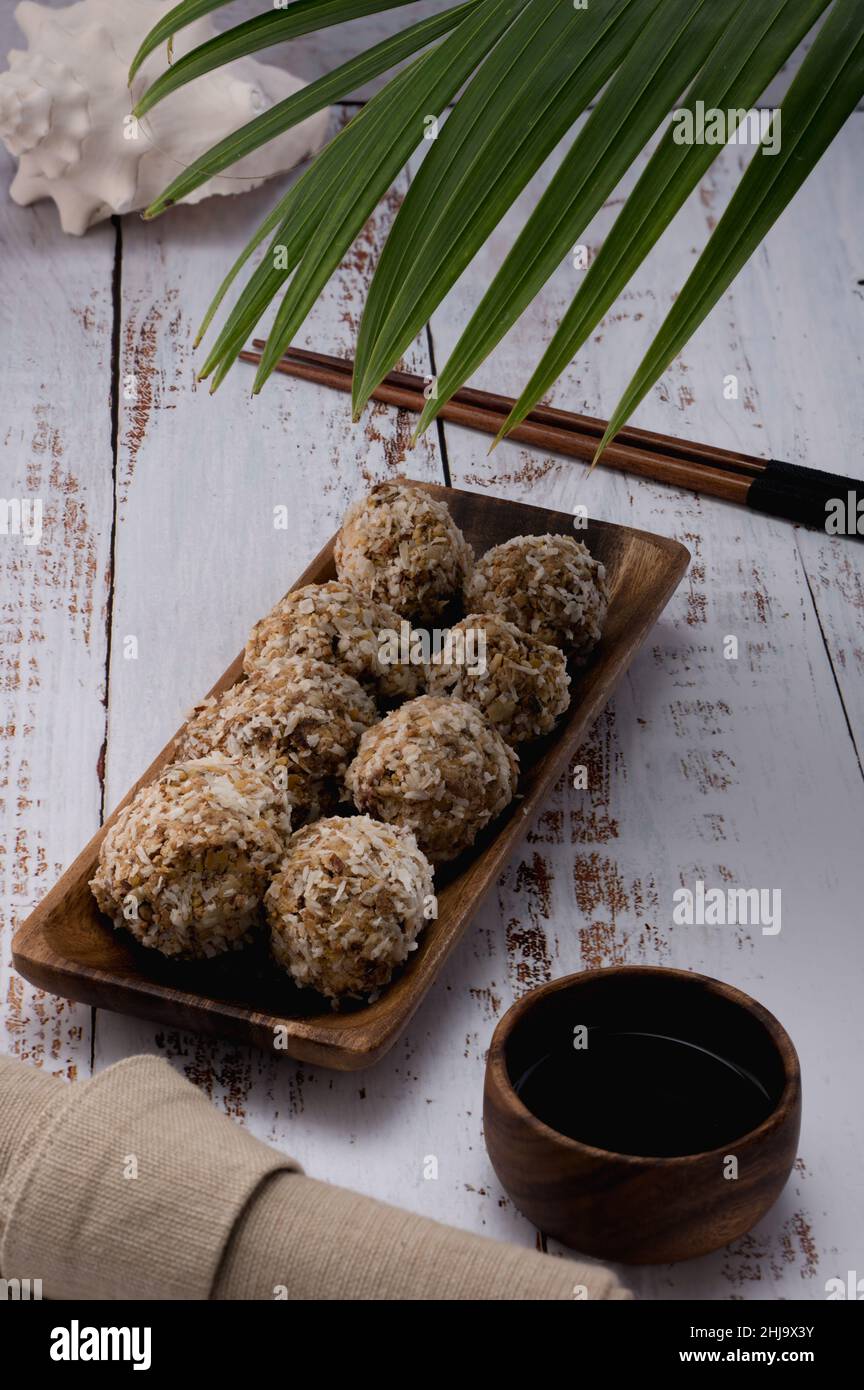 Photo shows Japanese dessert Mochi. Round shaped sweets are composed of ...