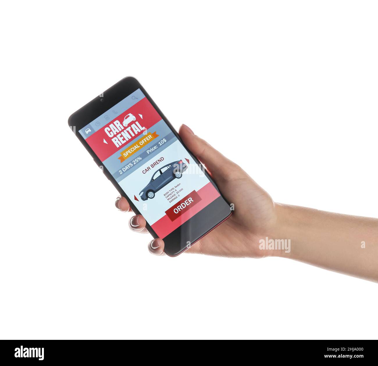 Woman holding mobile phone with open car rent app on white background ...