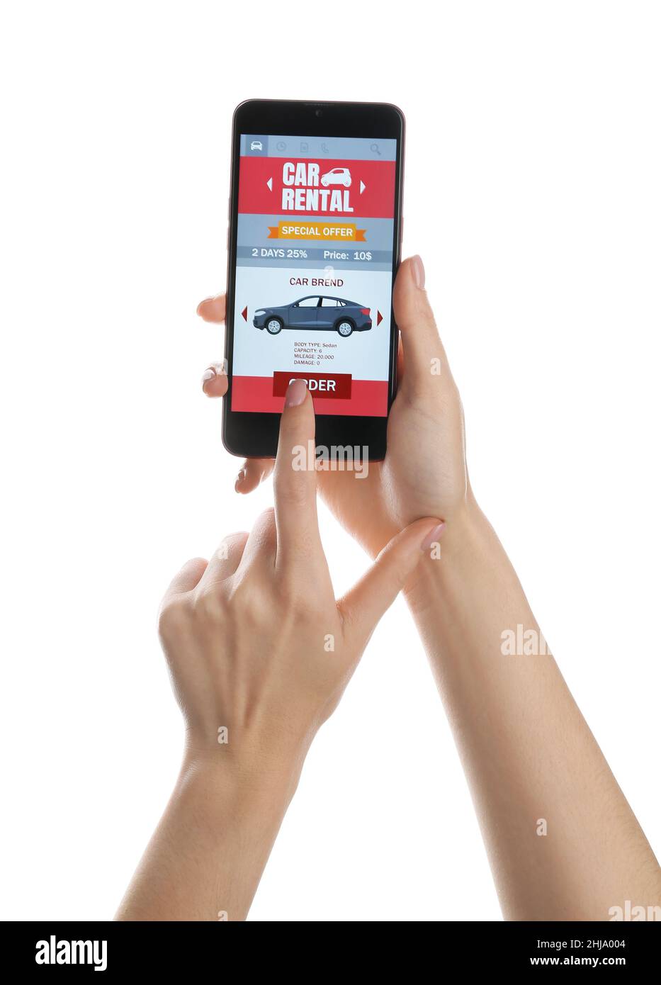 Woman ordering rental car on white background Stock Photo - Alamy