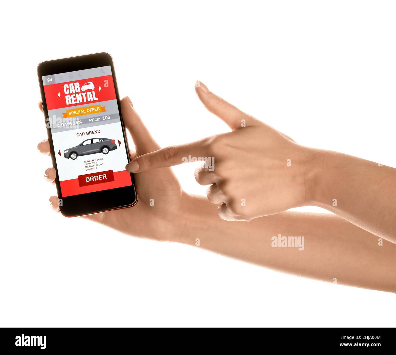Woman using mobile phone with open car rent app on white background ...