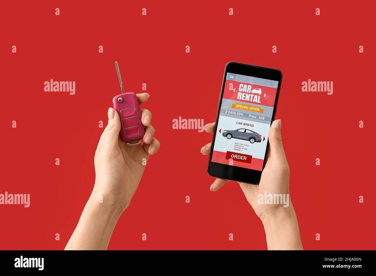 Woman holding mobile phone with open car rent app and key on red ...