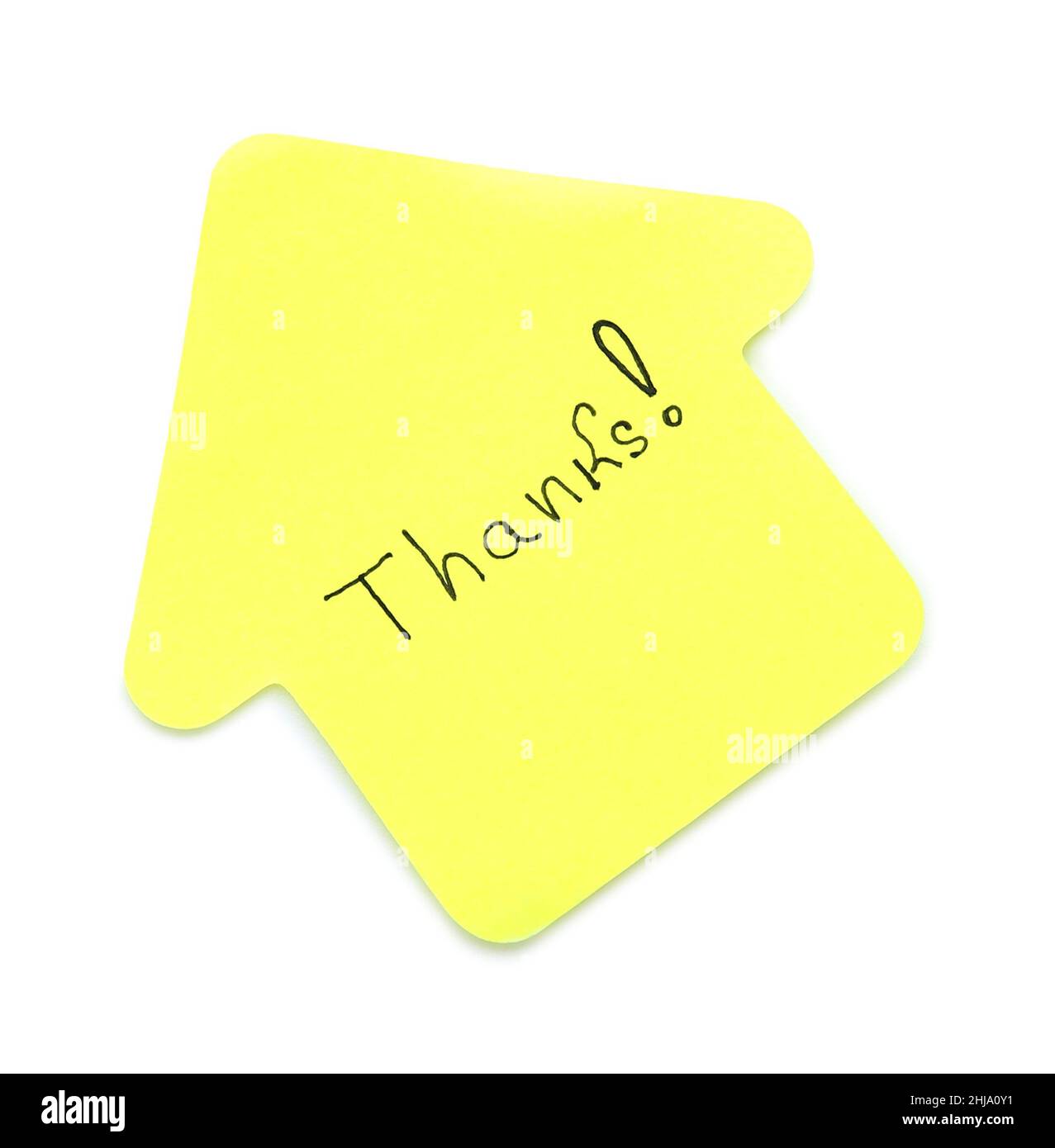 Yellow sticky note with word THANKS on white background Stock Photo - Alamy