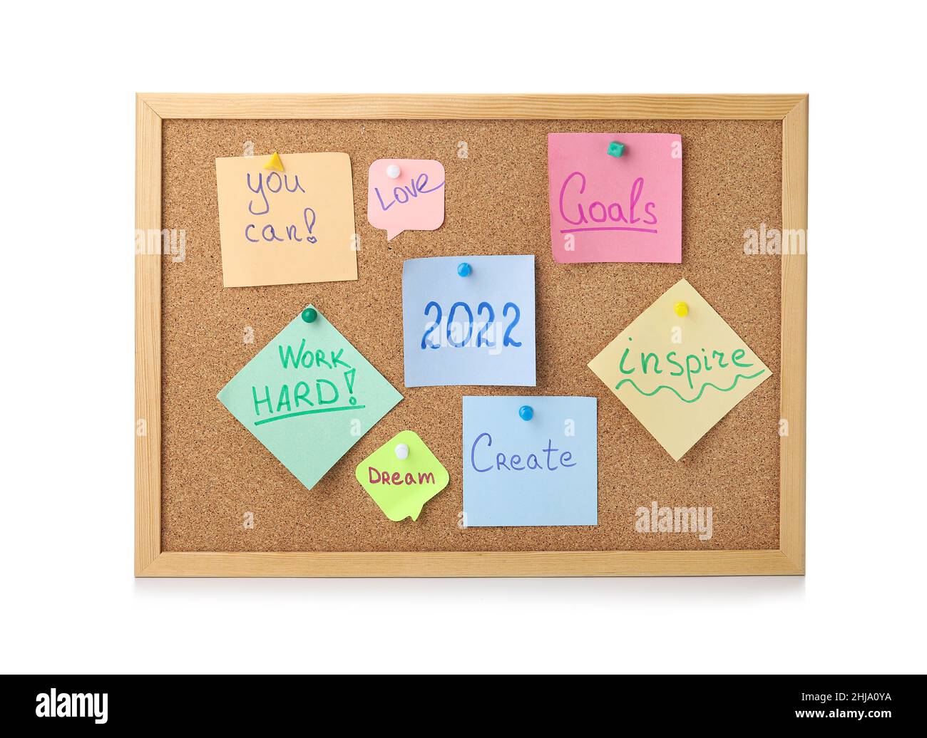 Board with pinned sticky notes on white background Stock Photo - Alamy